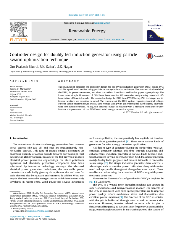 Pdf Controller Design For Doubly Fed Induction Generator Using Particle Swarm Optimization