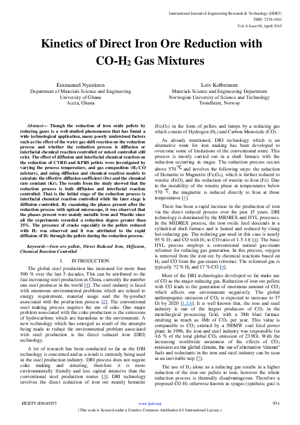 (PDF) Kinetics of Direct Iron Ore Reduction with CO-H2 Gas Mixtures
