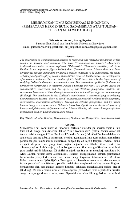 (PDF) Membumikan Ilmu Komunikasi di Indonesia (Pembacaan Hermeneutik ...