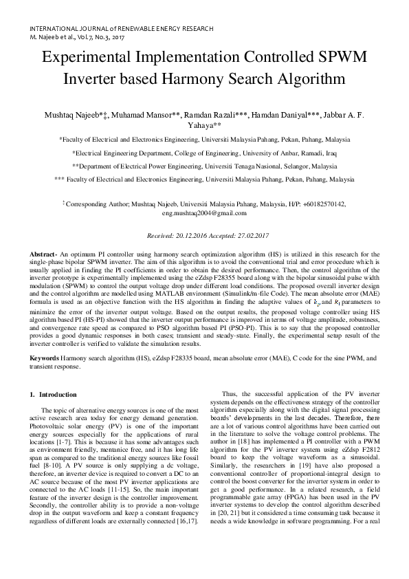 (PDF) Experimental Implementation Controlled SPWM Inverter based Harmony Search Algorithm