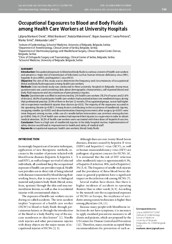 (PDF) Occupational exposures to blood and body fluids among health care ...