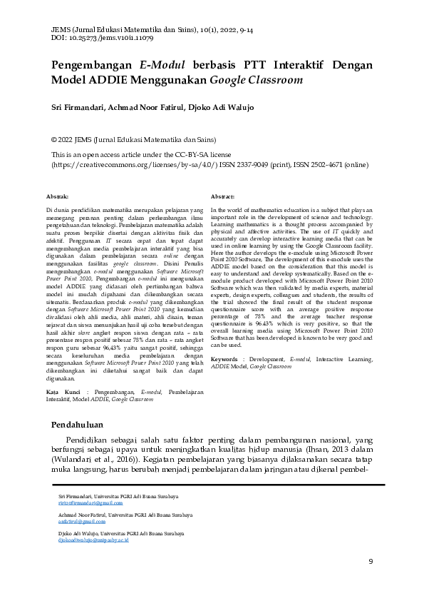 (PDF) Pengembangan E-Modul berbasis PTT Interaktif Dengan Model ADDIE Menggunakan Google Classroom