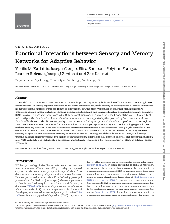 (PDF) Functional Interactions between Sensory and Memory Networks for Adaptive Behavior