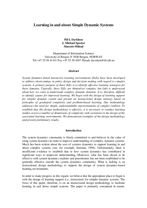 (PDF) Learning In and About Simple Dynamic Systems | J. Michael Spector - Academia.edu