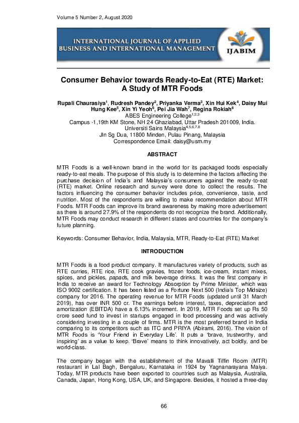 (PDF) Consumer Behavior towards Ready-to-Eat (RTE) Market: A Study of ...