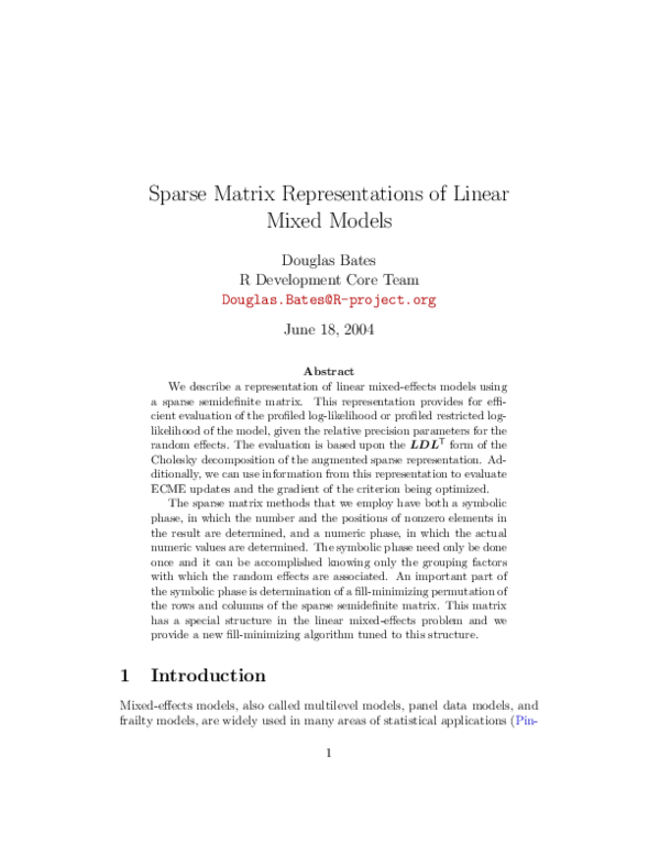 (PDF) Sparse Matrix Representations of Linear Mixed Models