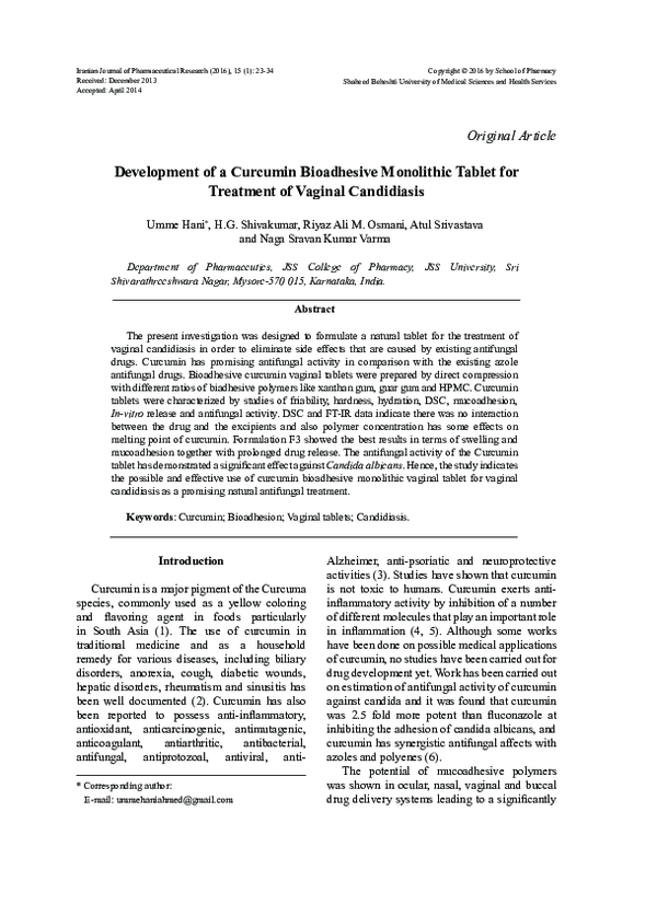 (PDF) Development of curcumin bioadhesive monolithic tablet for ...