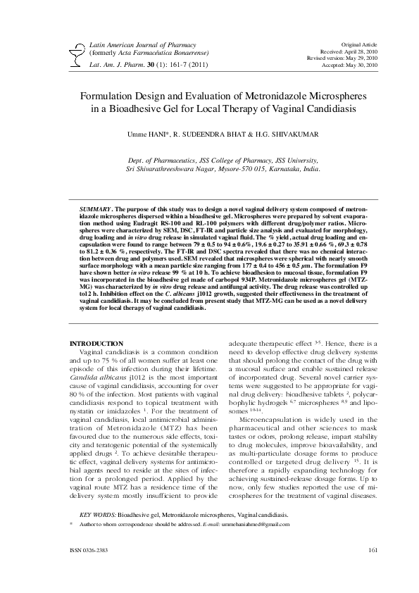 Pdf Formulation Design And Evaluation Of Metronidazole Microspheres In A Bioadhesive Gel For