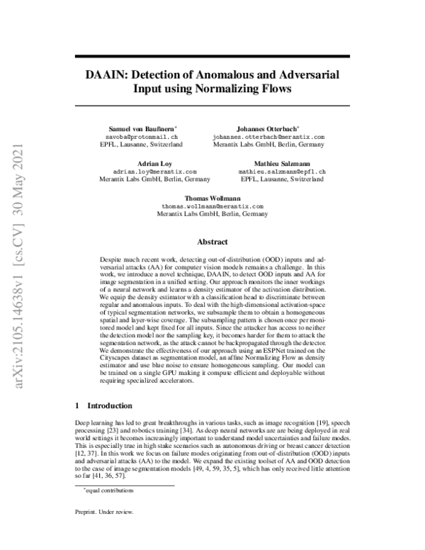Pdf Daain Detection Of Anomalous And Adversarial Input Using Normalizing Flows