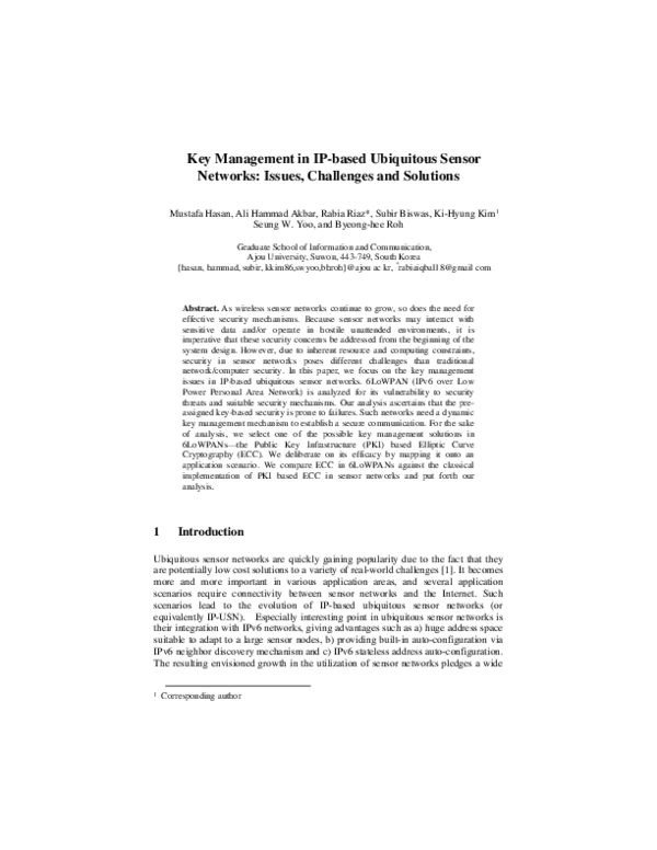 (PDF) Key Management in IP-based Ubiquitous Sensor Networks : Issues , Challenges and Solutions