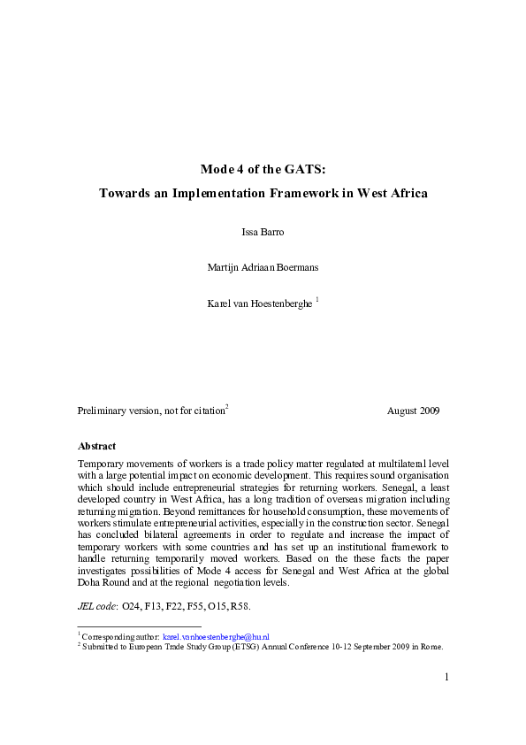 (PDF) Mode 4 of the GATS: Towards an Implementation Framework in West ...