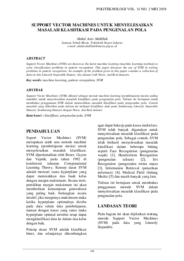 (PDF) Support Vector Machines Untuk Menyelesaikan Masalah Klasifikasi ...