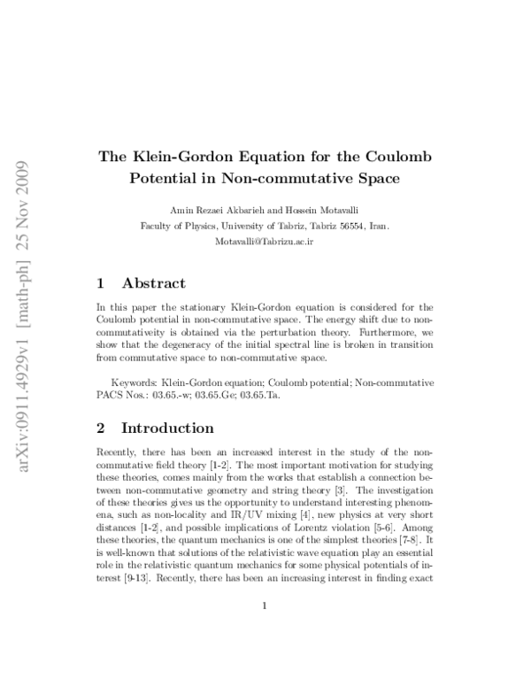 (PDF) Klein–Gordon Equation for the Coulomb Potential in Noncommutative Space