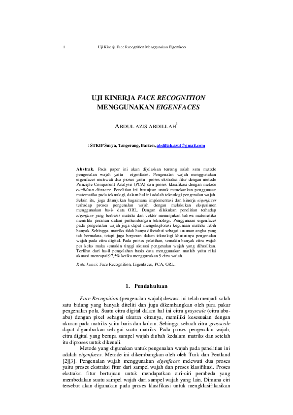 (PDF) Uji Kinerja Face Recognition Menggunakan Eigenfaces