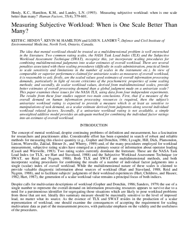 Pdf Measuring Subjective Workload When Is One Scale Better Than Many
