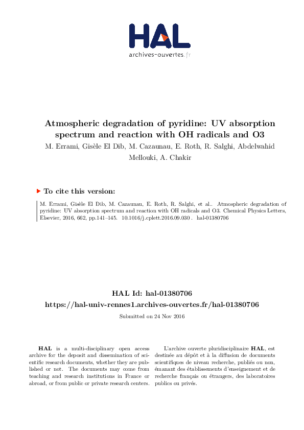 (PDF) Atmospheric degradation of pyridine: UV absorption spectrum and ...