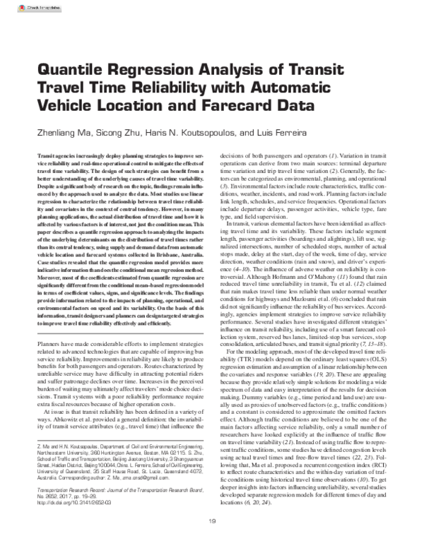 (PDF) Quantile Regression Analysis of Transit Travel Time Reliability with Automatic Vehicle ...