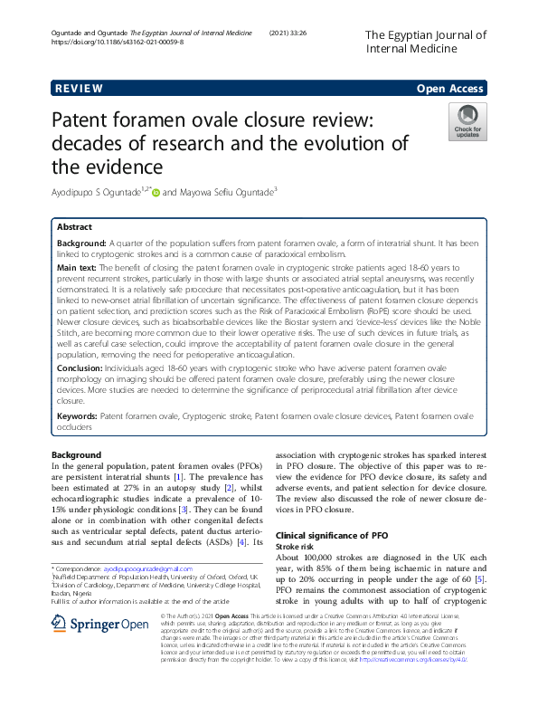 (PDF) Patent foramen ovale closure review: decades of research and the ...