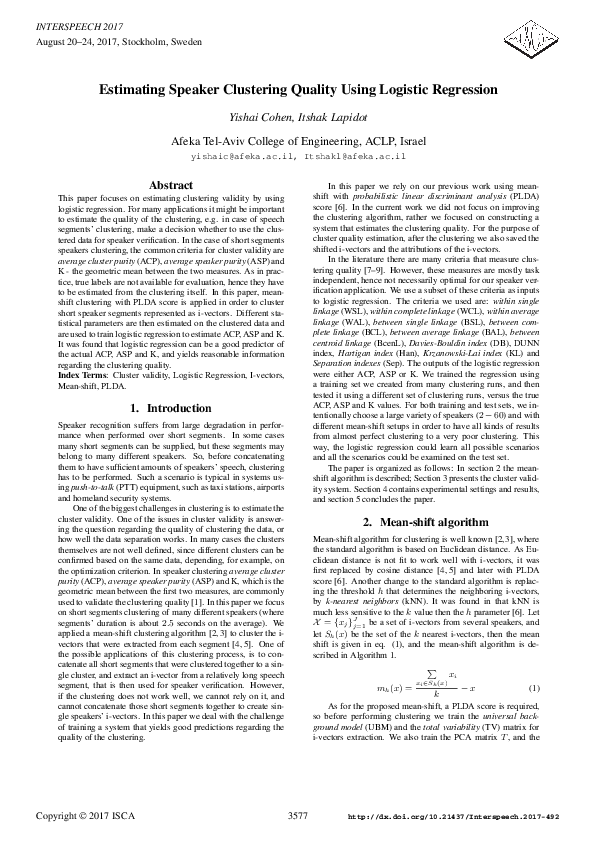(PDF) Estimating Speaker Clustering Quality Using Logistic Regression