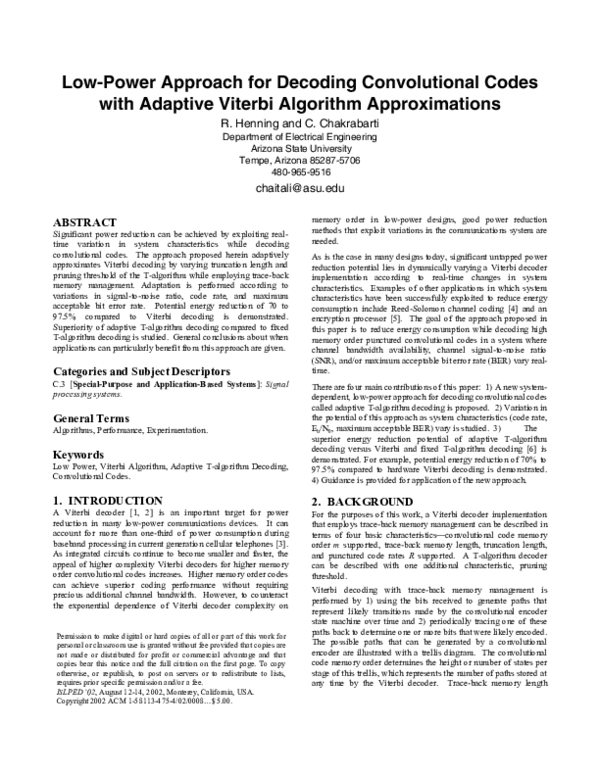 (PDF) Low-power approach for decoding convolutional codes with adaptive viterbi algorithm ...