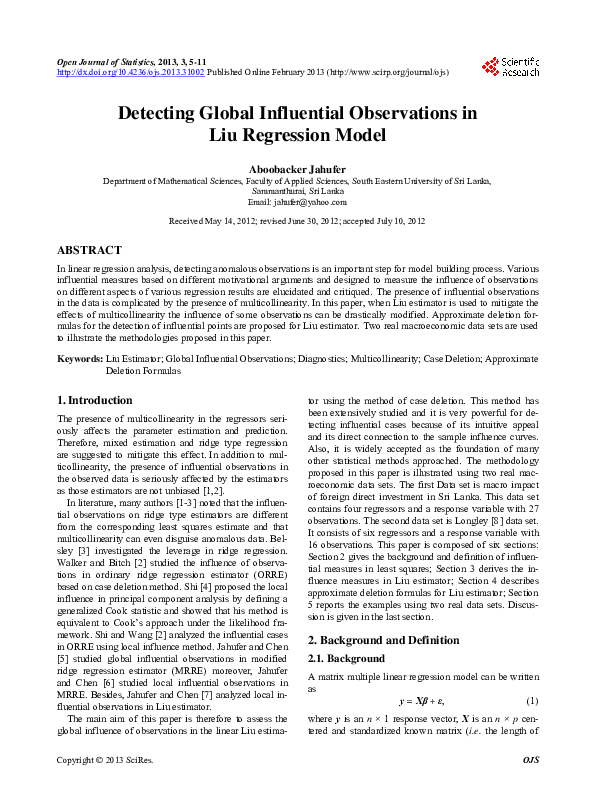 (PDF) Detecting Global Influential Observations in Liu Regression Model
