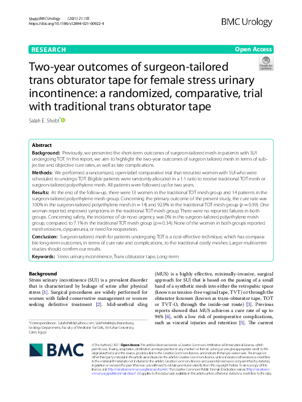 (PDF) Two-year outcomes of surgeon-tailored trans obturator tape for ...