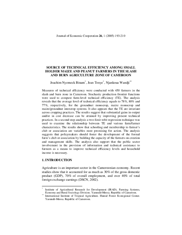 (PDF) Source of Technical Efficiency Among Small Holder Maize and Peanut Farmers in the Slash ...