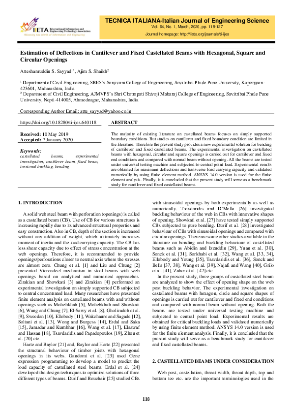 Pdf Estimation Of Deflections In Cantilever And Fixed Castellated Beams With Hexagonal Square