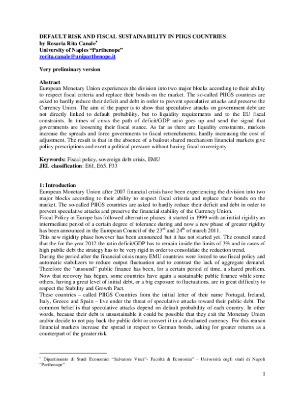 (PDF) Default risk and fiscal sustainability in PIIGS countries