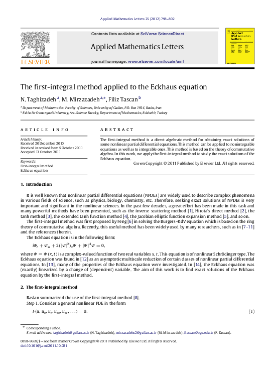 (PDF) The first-integral method applied to the Eckhaus equation