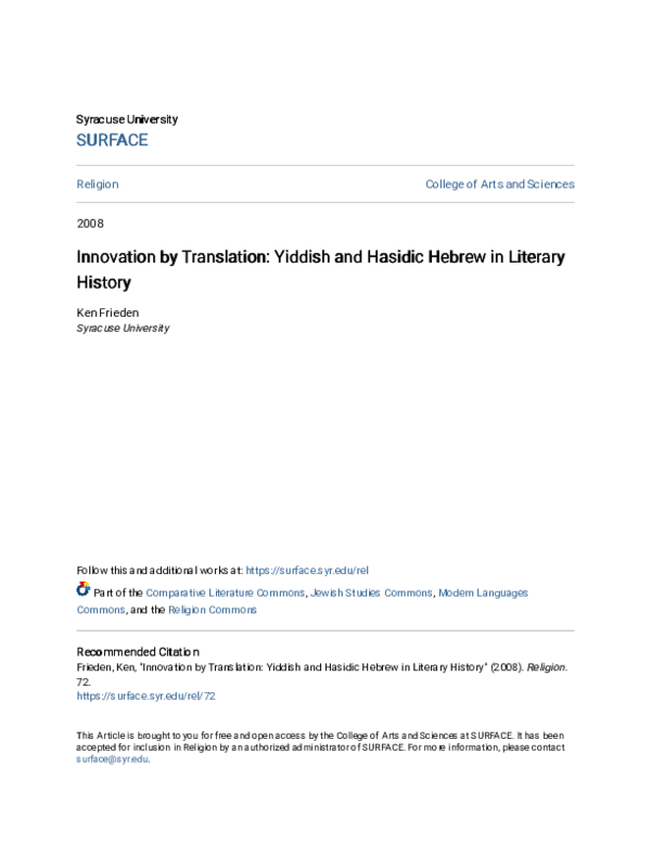 (PDF) Innovation by Translation: Yiddish and Hasidic Hebrew in Literary ...