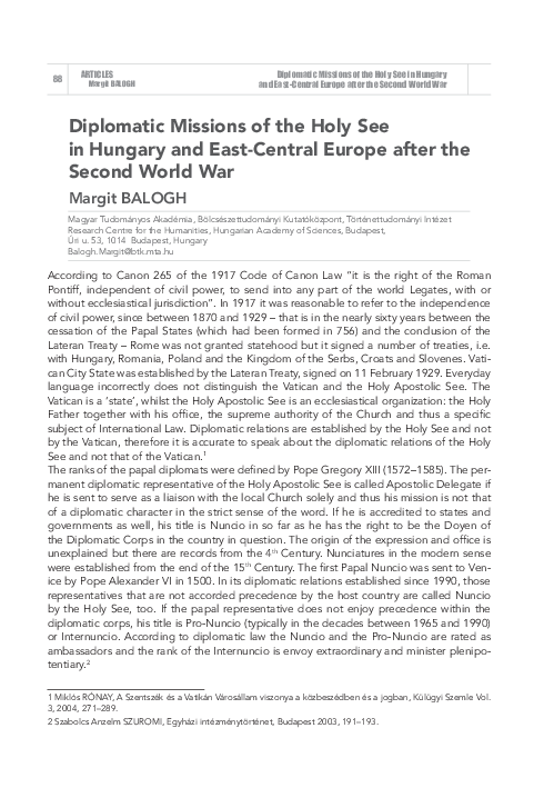 (PDF) Diplomatic Missions of the Holy See in Hungary and East-Central ...