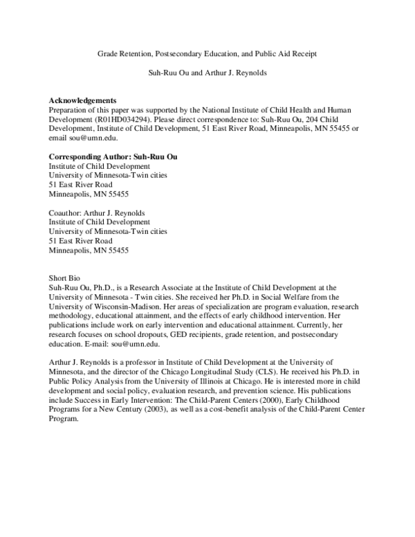 (PDF) Grade retention, postsecondary education, and public aid receipt
