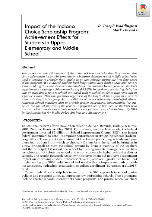 (PDF) Impact of the Indiana Choice Scholarship Program: Achievement ...