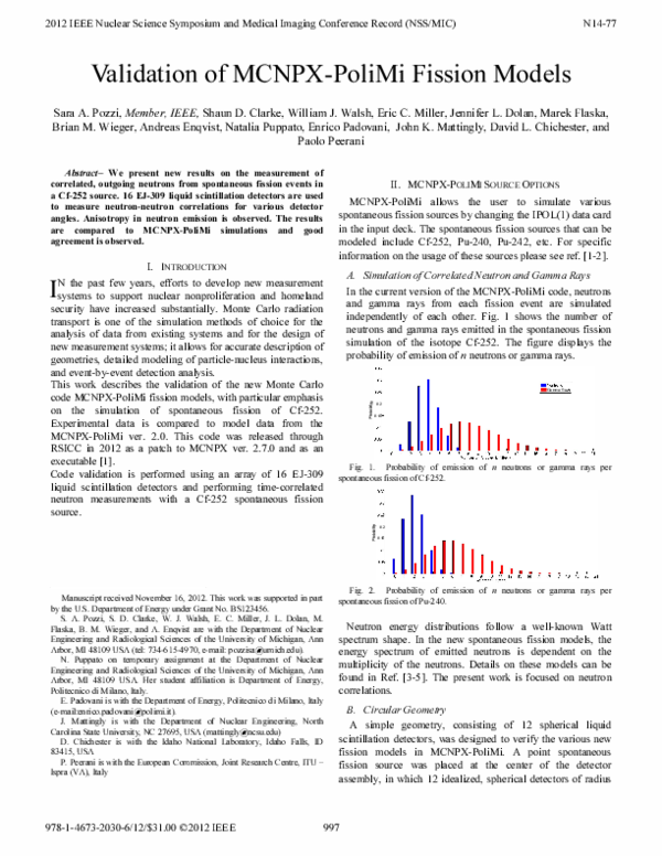 (PDF) Validation of MCNPX-PoliMi Fission Models