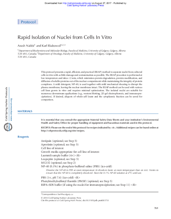 (PDF) Rapid Isolation of Nuclei from Cells In Vitro