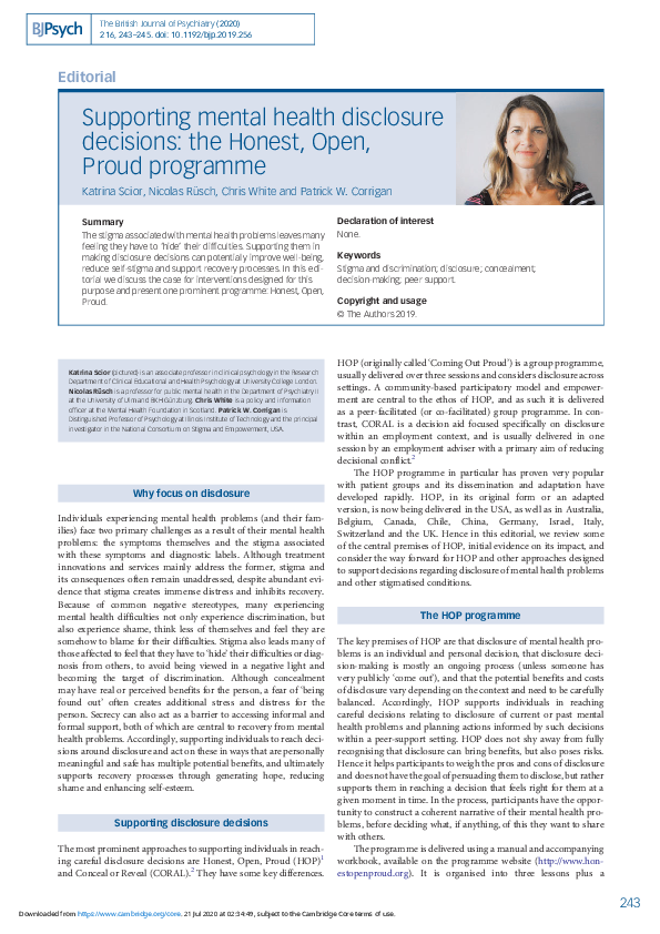 (PDF) Supporting mental health disclosure decisions: the Honest, Open ...