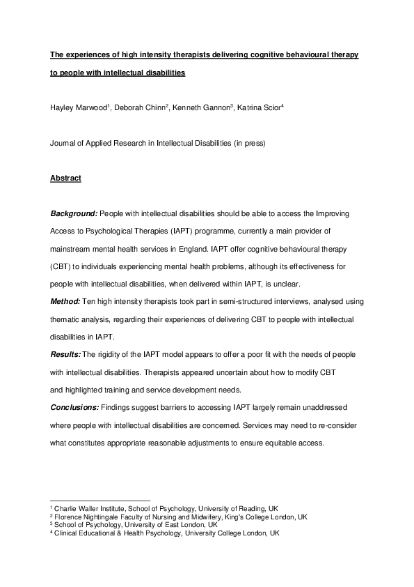 (PDF) The experiences of high intensity therapists delivering cognitive ...