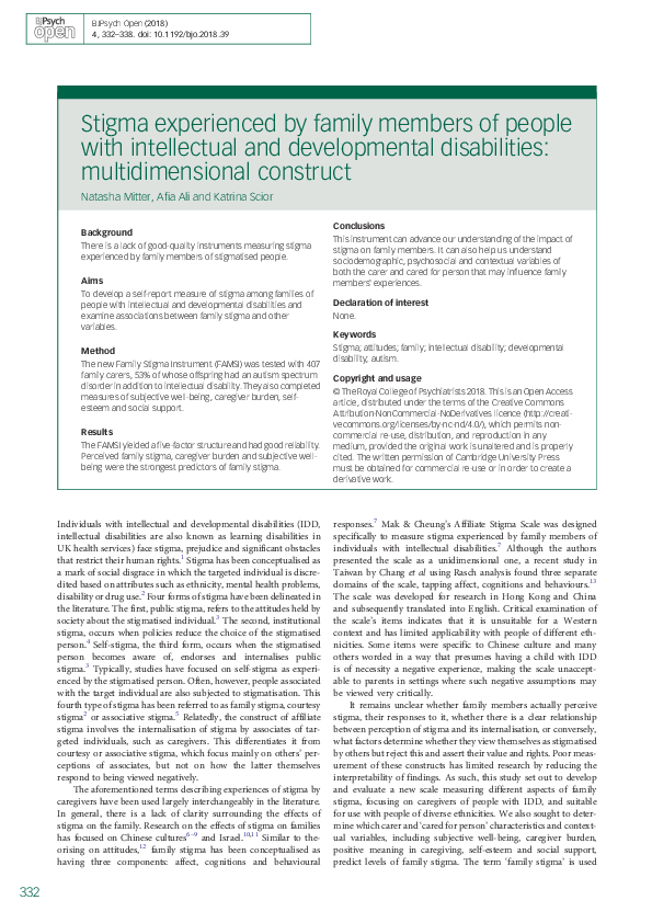 (PDF) Stigma experienced by family members of people with intellectual ...