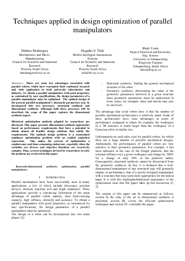 (PDF) Techniques applied in design optimization of parallel manipulators