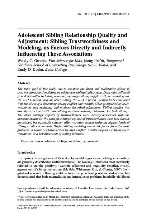 (PDF) Adolescent Sibling Relationship Quality and Adjustment: Sibling ...