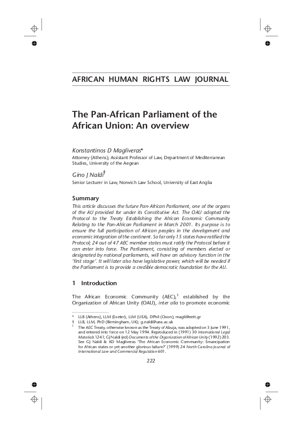 (PDF) The Pan-African Parliament of the African Union: An Overview