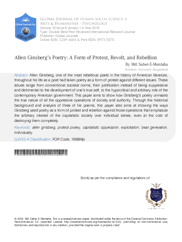 (PDF) Allen Ginsberg's Poetry: A Form of Protest, Revolt, and Rebellion