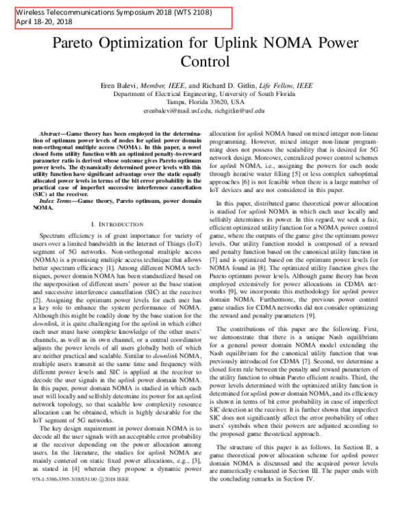 (PDF) Pareto optimization for uplink NOMA power control