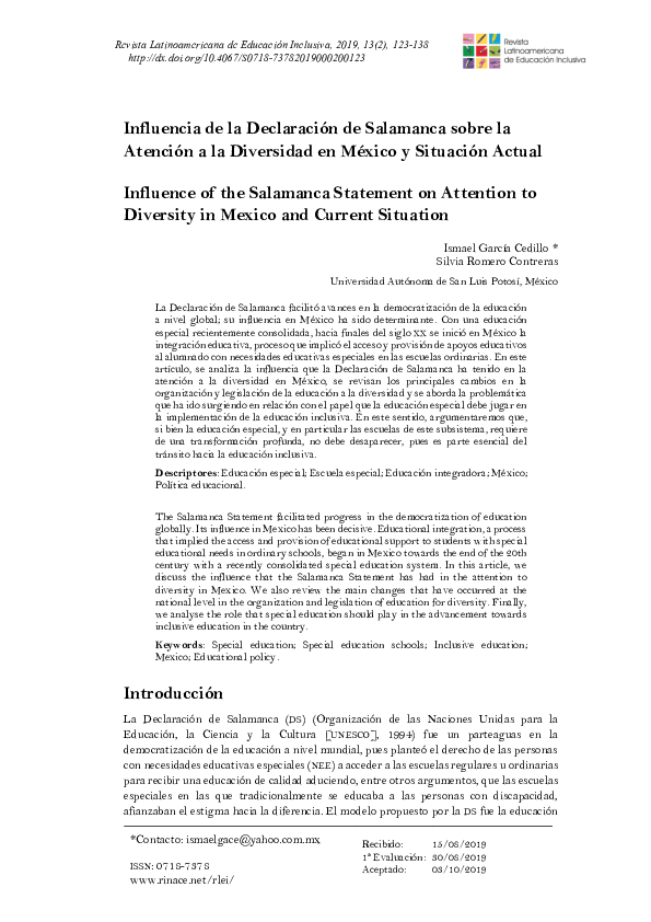 (PDF) Influencia de la Declaración de Salamanca sobre la Atención a la Diversidad en México y ...