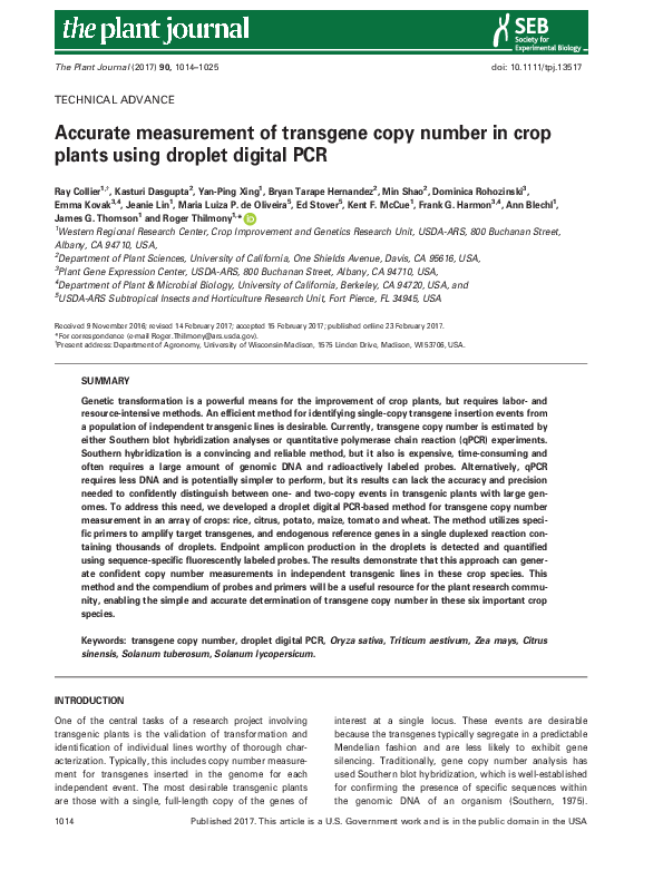 (PDF) Accurate measurement of transgene copy number in crop plants ...