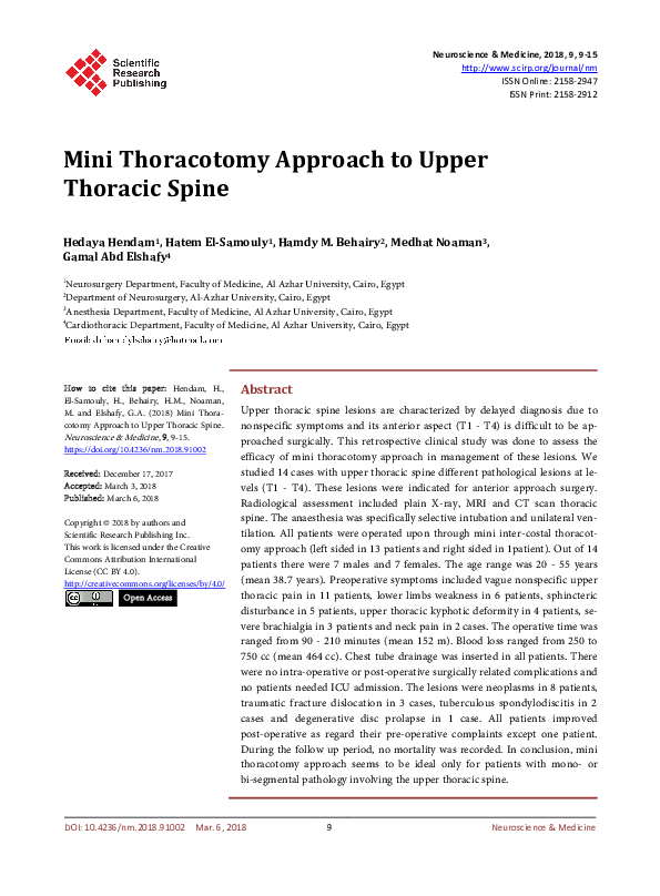 (PDF) Mini Thoracotomy Approach to Upper Thoracic Spine | Hatem ...