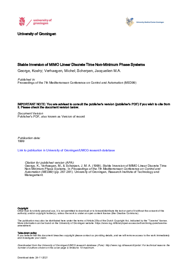 (PDF) Stable Inversion of MIMO Linear Discrete Time Non-Minimum Phase Systems | Jacquelien ...