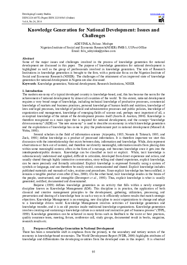 (PDF) Knowledge Generation for National Development: Issues and Challenges