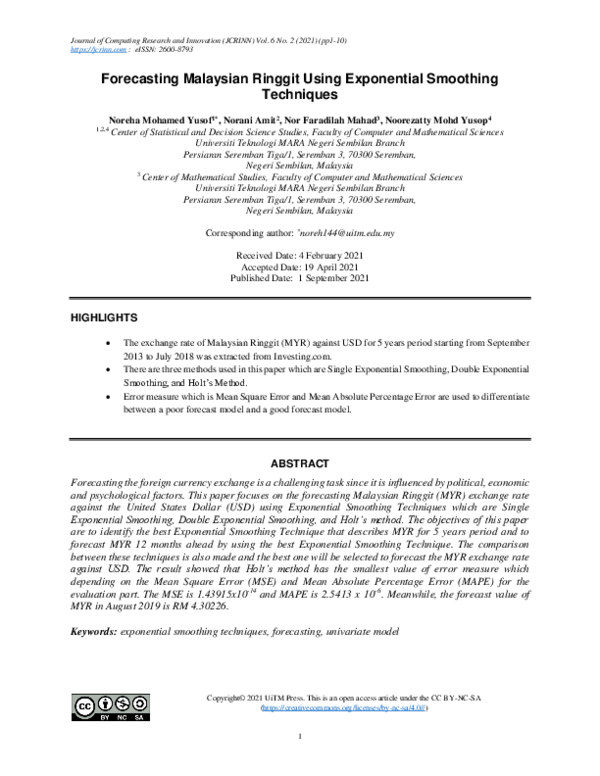 (PDF) Forecasting Malaysian Ringgit Using Exponential Smoothing Techniques